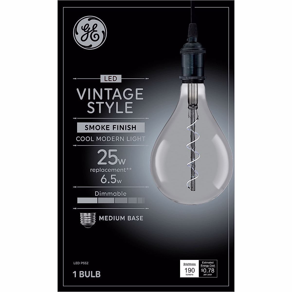 GE Vintage Style LED Light Bulb, 25 Watt, Smoke Finish, PS52 Large Bulb (1 Pack)