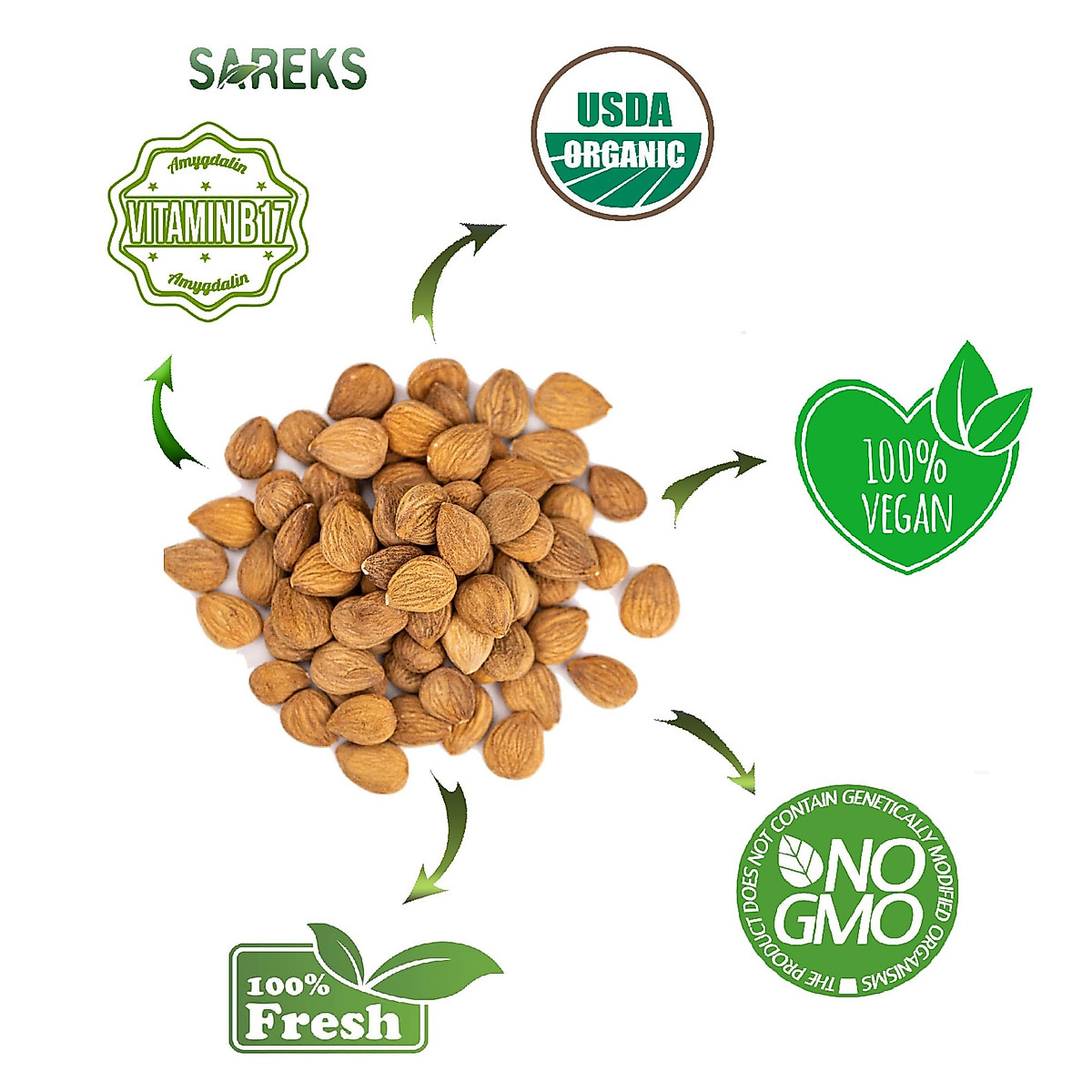 Bitter Apricot Kernels Organic Raw (10oz),0 USDA Organic Certified Seeds, NON-GMO, Product of Turkey, Gluten Free, Resealable Bag