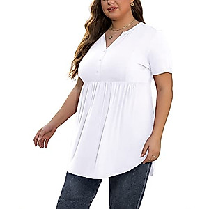 SHIJIALI Women's Plus Size Henley Shirts V Neck Button Tunic Tops Casual Short Sleeve Swing Flowy Blouse White-XX-Large