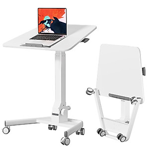 Joy Seeker Foldable Mobile Standing Desk, Pneumatic Height Adjustable and Tilt Rolling Sit Stand Desk, 90° Tiltable Portable Laptop Desk Cart on Wheels White Workstation for Home Office, Easy to Fold