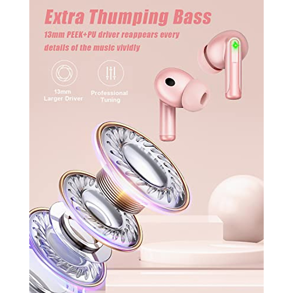 Wireless Earbuds Bluetooth 5.1 Headphones 4-Mics Clear Call ENC Noise Cancelling Ear Buds Deep Bass 30Hrs Playtime with USB-C Charging Case IPX7 Waterproof in-Ear Earphones for Android and iPhone Pink