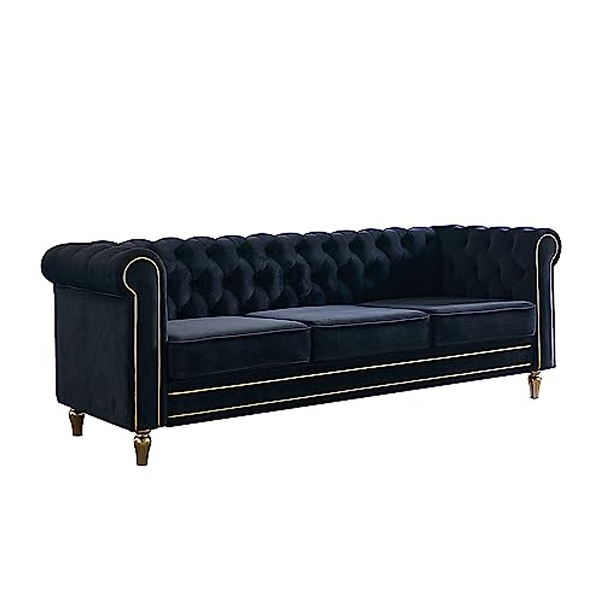 EMKK 84" Upholstered Chesterfield Tufted Sofa Couch for Living Room, Velvet Rolled Arm 3 Seater Classic Settee Sofá with Gold Trim, Black