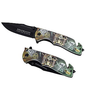 Trendy Zone 21 Folding Masonic Pocket Knife, 5.00 inch Stainless Steel Pocket Knife with Freemason printed|Various Masonic Symbols printed in 3-D on the handle with Metal clip, Safety Belt Cutter