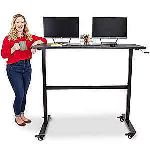 Stand Steady Tranzendesk | 55 Inch Standing Desk with Attachable Wheels| Easy Crank Height Adjustable Sit to Stand Workstation | Modern Ergonomic Desk Supports 3 Monitors (55 / Black)
