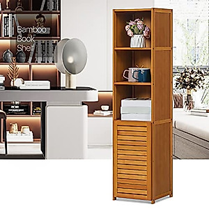 MoNiBloom Bookcase with Shutter Door and Shelves, Bamboo 5 Tier Bookshelf Display Shelf with Storage Cabinet Organizer for Living Room Bedroom Kitchen, Brown