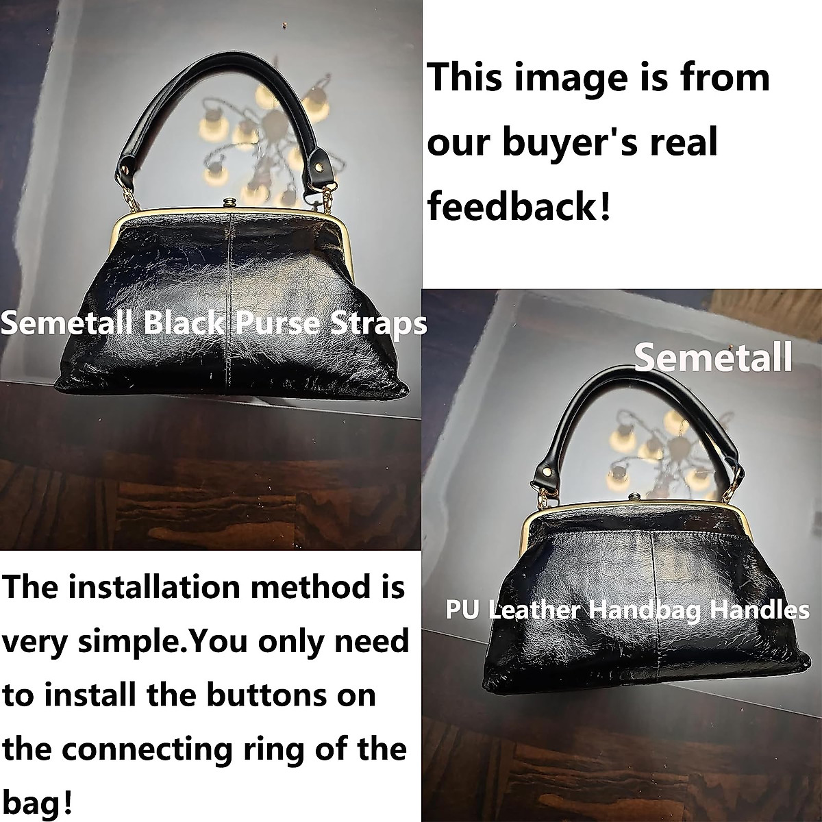 Semetall Black Purse Straps Replacement 2 Pack 40cm/15.7" Total Length PU Leather Handbag Handles Black Leather Purse Handles with Metal Button