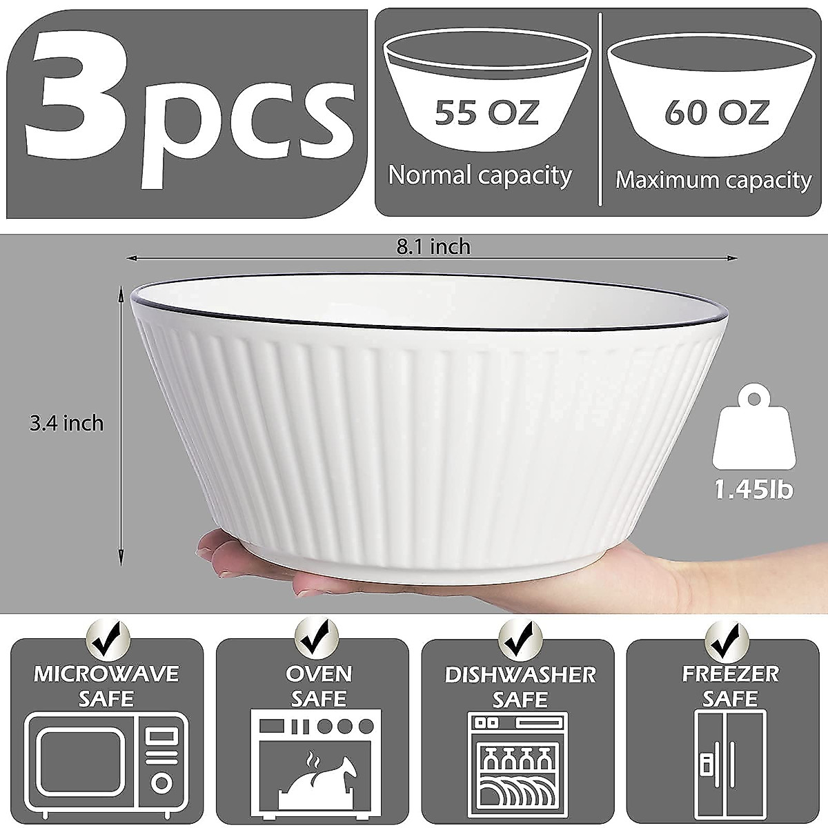 JDZTC Pho Bowl Large Deep Soup Cereal Serving Salad Bowls For Eating Snack Popcorn Ceramic Japanese Noodle Bowl