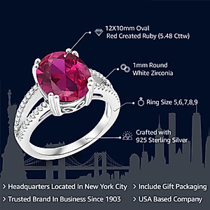 Gem Stone King 925 Sterling Silver Red Created Ruby Ring For Women (5.48 Cttw, Oval 12X10MM, Gemstone July Birthstone, Available In Size 5, 6, 7, 8, 9)