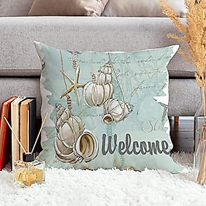 WoGuangis Welcome to Our Beach House Starfish Throw Pillow Cushion with Zippe Beach Home Throw Pillow Starfish Sea Life Home Decorative Throw Pillowcase for Sofa Living Room White Linen 24x24in
