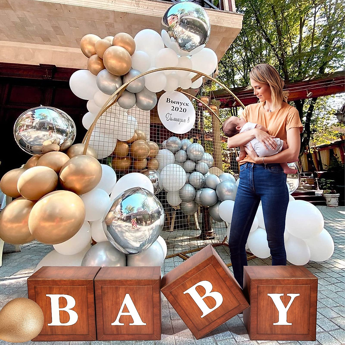 Wood Baby Shower Boxes Party Decorations - 4 Wood Grain Brown Blocks with Printed BABY Letters, Gender Reveal Backdrop,Teddy Bear Baby Shower Supplies, First Birthday Centerpiece Decor