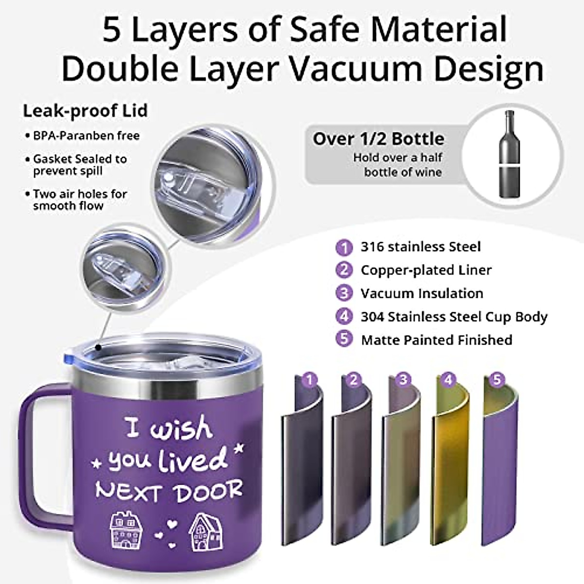 Sodlar Best Friend Gift for Women - “I wish you lived next door” - Purple Tumbler Mug 14oz - Funny Ideas for Friendship Hostess Present Birthday Long Distance Female Bestie BFF