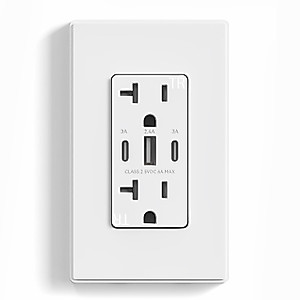 ELEGRP USB Outlets, 30W 6.0 Amp USB C Outlets Receptacles, 3-Port USB Wall Outlet, 20 Amp Tamper-Resistant Outlet with 2 USB C Ports, UL Listed, Screwless Wall Plate Included, 1 Pack, Matte White