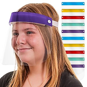 TCP Global Salon World Safety Kids Face Shields (Pack of 10) - 5 Colors, 2 of Each - Clear Protective Children's Full Face Shields to Protect Eyes, Nose, Mouth - Anti-Fog PET Plastic, Elastic Headband