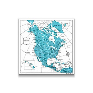 Push Pin North America Map Board - With Push Pins to Mark North America Travel - Handmade in Ohio, USA - Design: Teal Color Splash