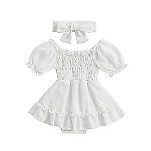Baby Girls Romper Dress Summer Ruffle Chiffon Smocked Dress Vintage Onesie with Headband Princess Outfit (12-18 Months,White)