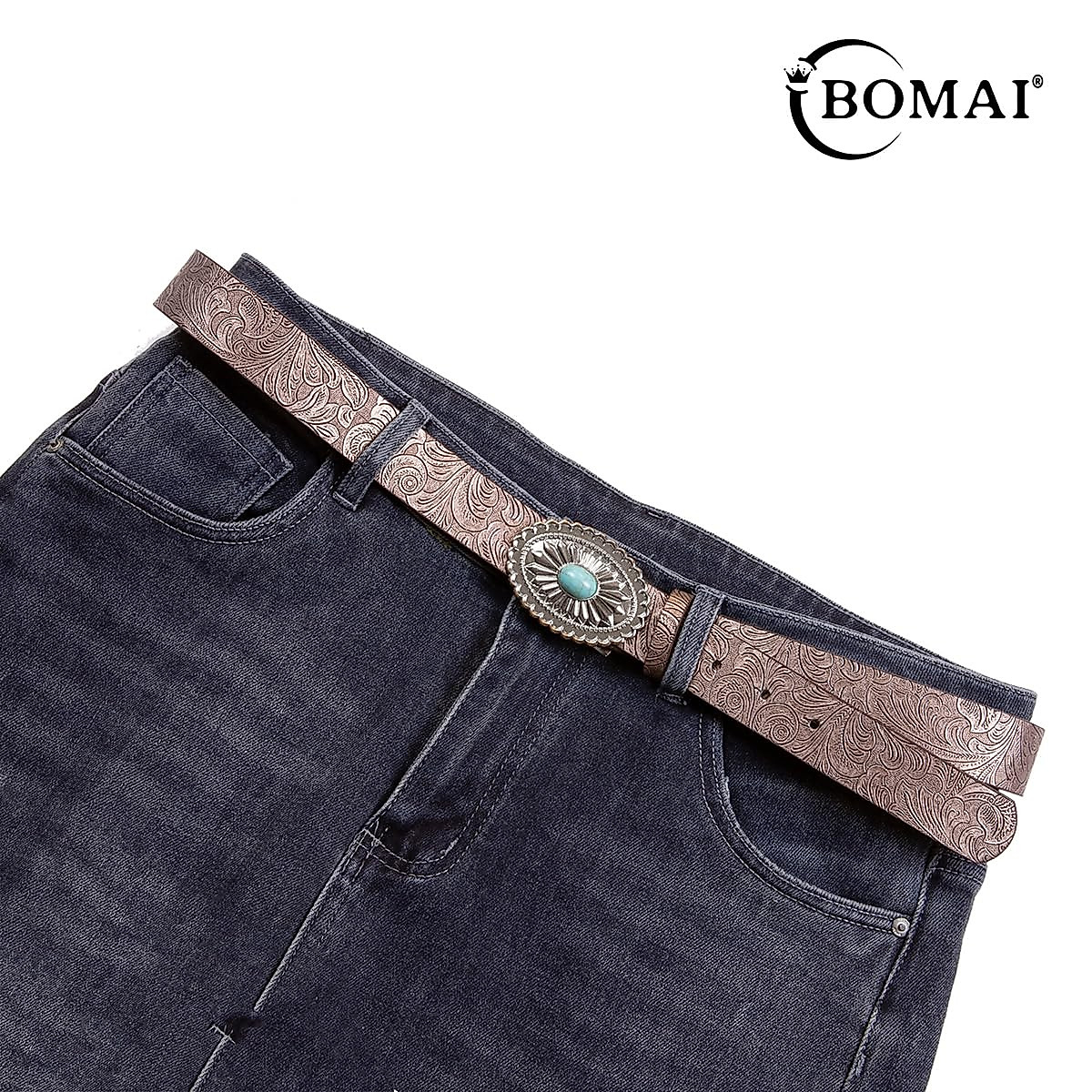 BOMAI Western Belts for Women Turquoise Belts Cowgirl Belts Ladies Concho Belts Vintage Design Embossed Leathe