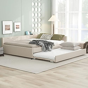 CABSETT Queen Size Upholstered Platform Bed with Trundle, Wood Daybed Frame Sofa Bed with USB for Bedroom Living Room Guest Room, Wood Slat Support, Space Saving Design, Beige