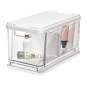 iDesign The Sarah Tanno Collection Medium Stacking Cosmetic Drawer Organizer with Lid and Divider, Clear/White