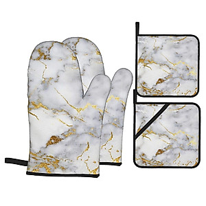 Gold Marble Oven Mitts and Pot Holders Set Heat Resistant Oven Gloves Flexible for Kitchen Cooking Baking Grilling Microwave