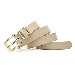 IFENDEI Women Waist Belts for Dresses Thin Black Skinny Leather Belts with Gold Pin Buckle Beige Small