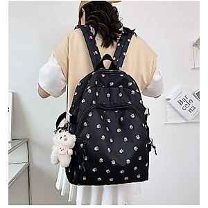 Floral Backpack with Kawaii Plush Puppy Pendant Accessories Cute Multi-Pockets Aesthetic Back to School Bookbag Laptop (Black)