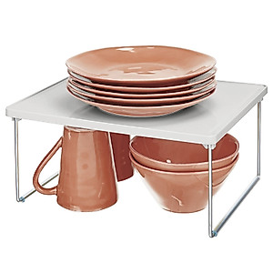 mDesign Metal Stacking Storage Organization for Shelves Inside Cabinets in Kitchen, Pantry, Cupboard, or Fridge/Freezer - Organizer Stand for Food, Plates, Bowls, Mugs, Ligne Collection - Stone Gray
