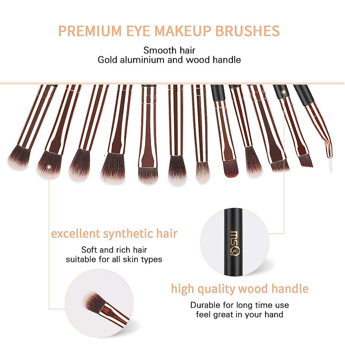 MSQ Eyeshadow Brushes 12pcs Eye Make Up Brush Set with Bag (PU Leather Pouch) Soft Synthetic Hairs for Eyeshadow, Eyebrow, Eyeliner, Blending, Best Gifts - Rose Gold