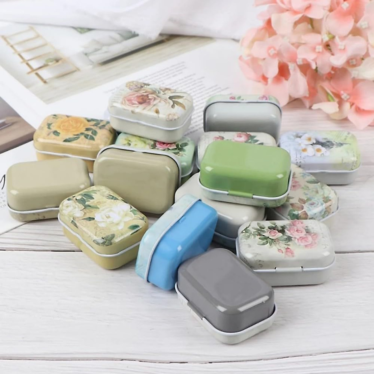 8Pcs Mini Flower Tin Trinket Jewelry Organizer Storage Box Decorative Boxes Small Metal Tins with Hinged Lids Portable Box Containers Small Storage Kit,Christmas Stocking Stuffers