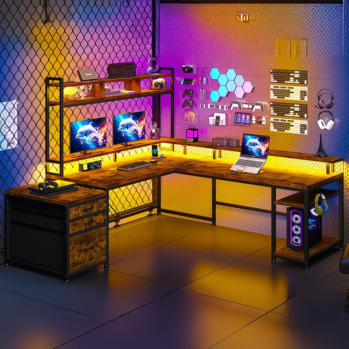 EnHomee L Shaped Desk with Drawers Large L Shaped Gaming Desk with LED & Storage Shelf Reversible Gaming Desk with Monitor Stand Power & Outlet Wide Home Office Desks with File Cabinet Brown