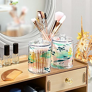 Watercolour Floral Apothecary Jars with Lids, 2 Pack Qtip Holder Dispenser Cotton Ball, Cotton Swab, Floss - 14 oz Clear Plastic Countertop Canister for Bathroom Organizer and Storage Containers
