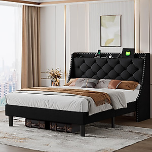 iPormis Queen Bed Frame with 16" Comfort Wingback & Charging Station,Upholstered Platform Bed with Button Tufted Storage Headboard, Solid Wood Slats Support, No Box Spring Needed, Black
