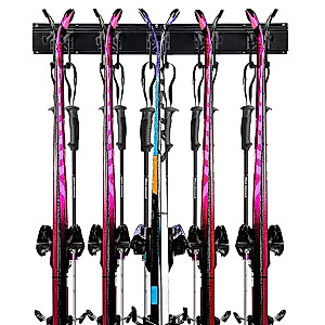 Hutigertech Ski Wall Rack, 5 Pairs of Snowboard Wall Storage Rack, Home and Garage Skiing Storage Rack Wall Mount, Adjustable Rubber-Coated Hooks Hold up to 500lbs