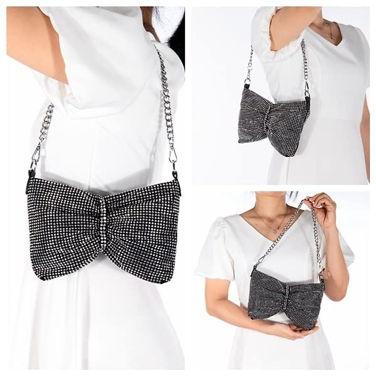 Ayliss Women Rhinestone Handbag Clutch Crystal Mini Bowknot Evening Purse Bag Top Handle Shoulder Party Bag Pouch Chain (Black #1)