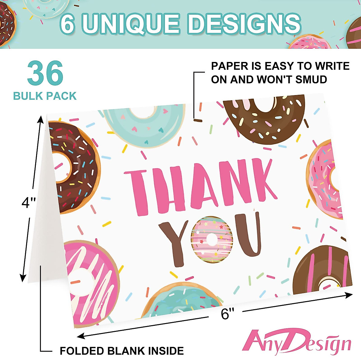 AnyDesign 36 Pack Donut Thank You Cards with Matching Seal Stickers Envelope Assorted Cartoon Doughnut Greeting Blank Note Cards for Baby Shower Wedding Birthday Party Business Stationery