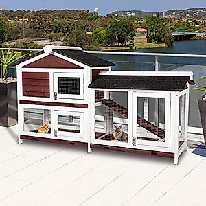 Kinpaw Rabbit Hutch 61inches Indoor Rabbit Cage Small Animal House for Chicken with Removable Trays Ramp Run Red