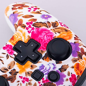 YoRHa Studded Silicone Transfer Print Cover Skin Case ONLY for Nitendo Official Switch Pro Controller x 1(Flowers) with Pro Thumb Grips x 8