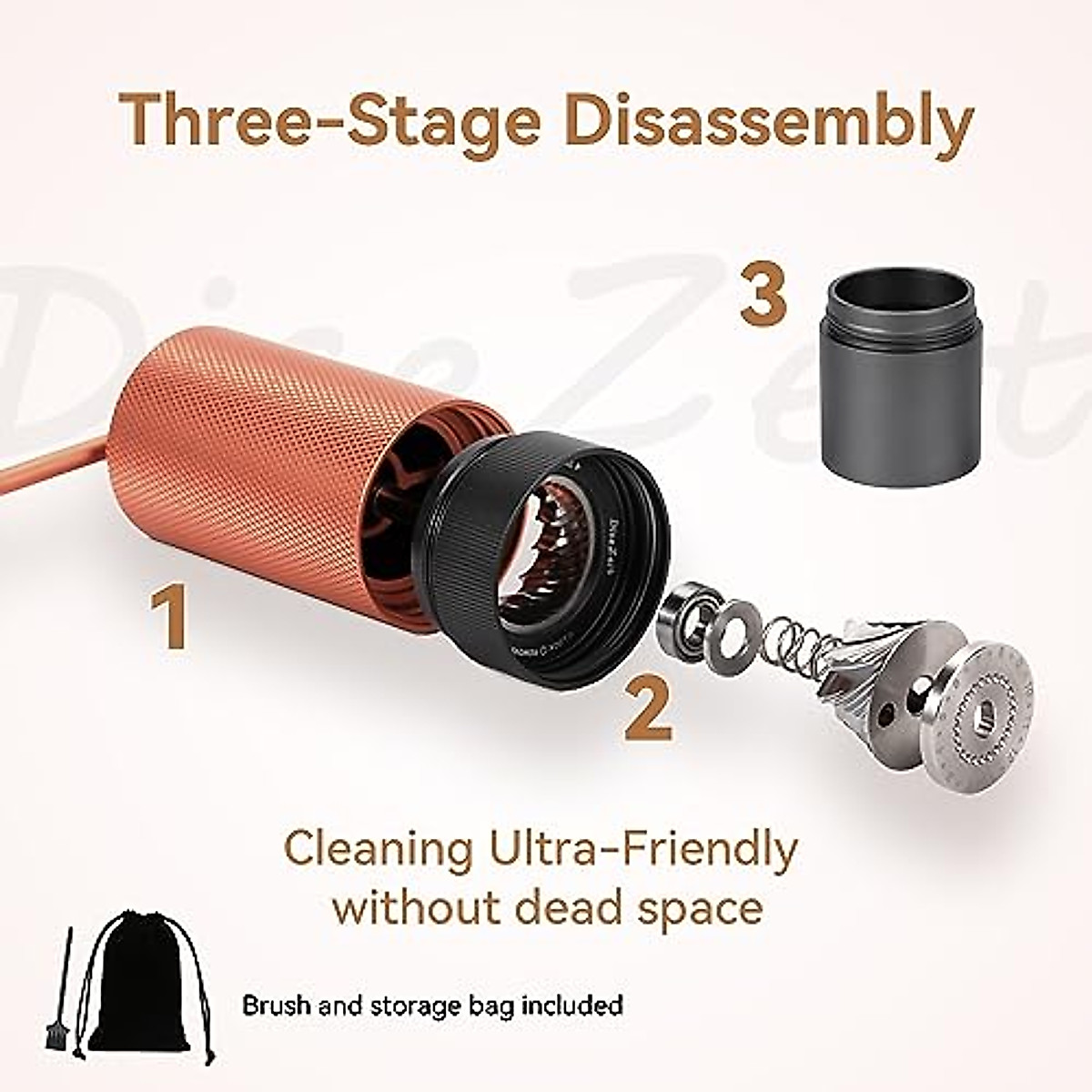 DiseZeit-Z3PRO Manual Coffee Grinder, 7-Axis Stainless Steel Burr, Three-Stage Disassembly Easy Cleaning, 15-25g Capacity Espresso Coffee Grinder Manual with Adjustable Settings, Brush&Storage Bag