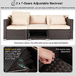 HOMREST 6 Pieces Patio Furniture Sets, Rattan Daybed with Retractable Canopy, Outdoor Sectional Sofa Set with Adjustable Backrest, Chaise Chair Sunbed for Garden Poolside Backyard (Khaki)