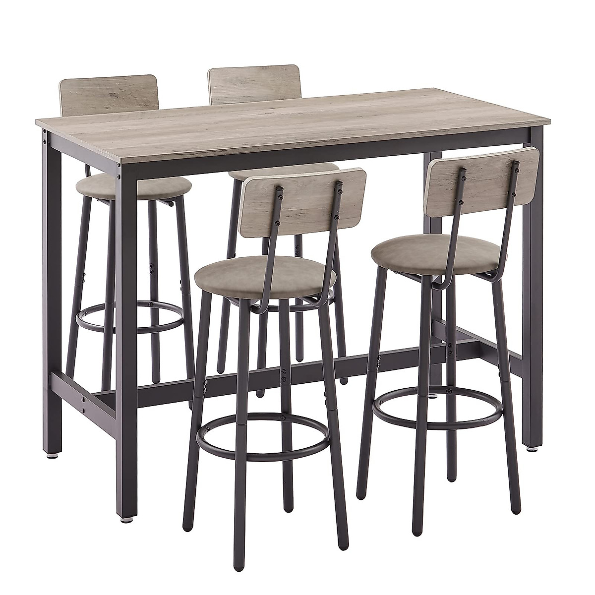 KIVENJAJA Bar Table and Chairs Set for 4, 5-Piece Rectangle Pub Bistro Table and PU Upholstered Stools with Backrest, Counter Height Dining Table Set for Kitchen Breakfast Nook Restaurant, Grey