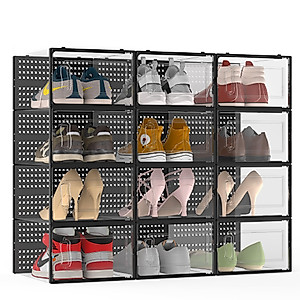 Fkprorjv XX Large Shoe Storage Box Organizer for Closet, 12 Pack Space Saving Versatile Clear Plastic Stackable Sneaker Shoe Rack Containers Bins Holders, Portable Closet Organizers and Storage, Black