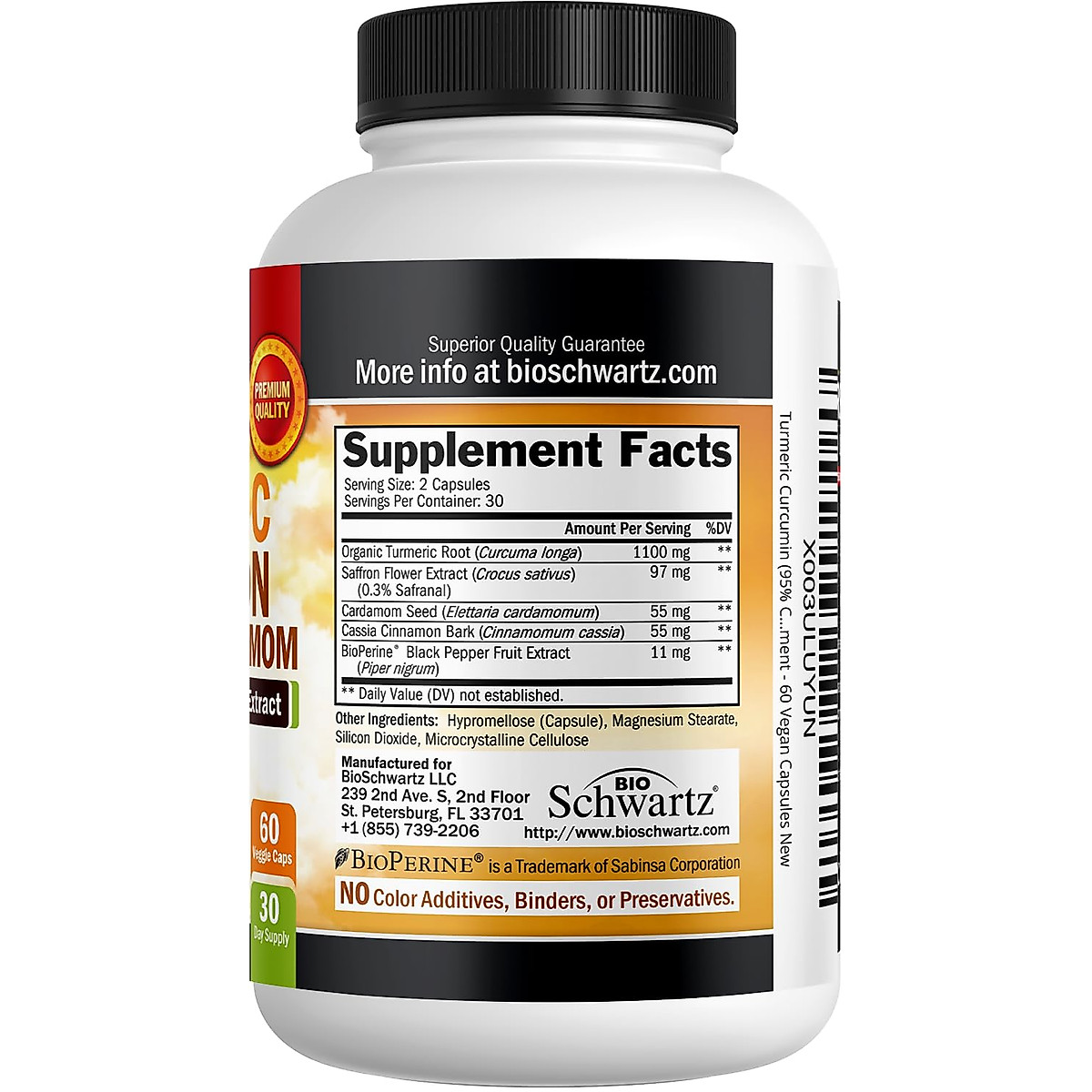 Turmeric Supplement with Saffron, Cinnamon and Cardamom Plus BioPerine Black Pepper Extract for Optimal Absorption, Natural Tumeric Curcumin Joint Support Supplement for Women and Men, 60 Capsules