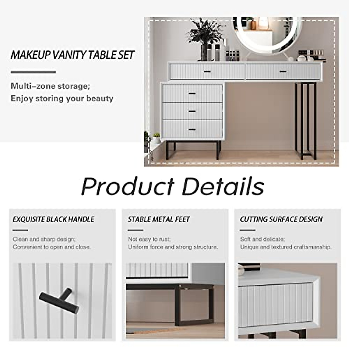 Anbuy White Makeup Vanity Desk with 3-Color Touch Screen Lighted Mirror, Large Modern 5 Drawers Makeup Vanity Table Set with Lights Dressing Table for Women Girls