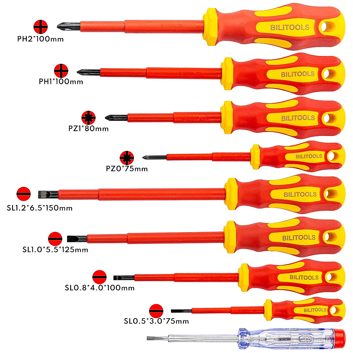 BILITOOLS Insulated Screwdriver Set, 1000V Electrical Screwdriver Insulated VDE Tools for Electrician Magnetic Phillips Slotted Pozidriv Tips