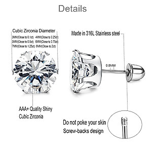 LOYALLOOK 6 Pairs Stainless Steel Clear Cubic Zirconia Stud Earring Ear Piercings for Women 3-8mm