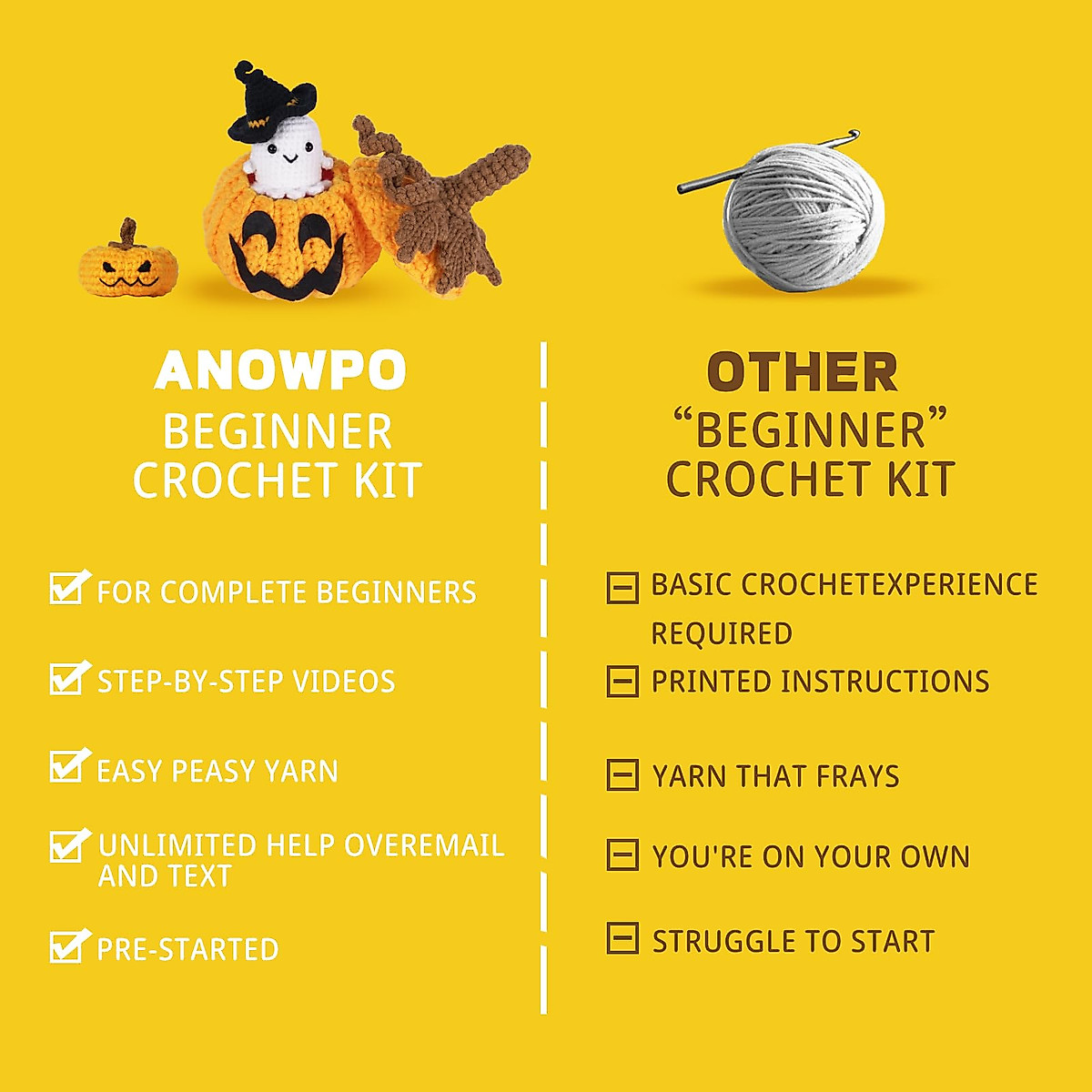 Anowpo Crochet Kit for Beginners，Halloween Pumpkin Animal Candy Bag Case Crochet Set DIY Gift for Starters Adult Kids Instruction and Step-by-Step Video Tutorials (Pumpkin Candy Bag)