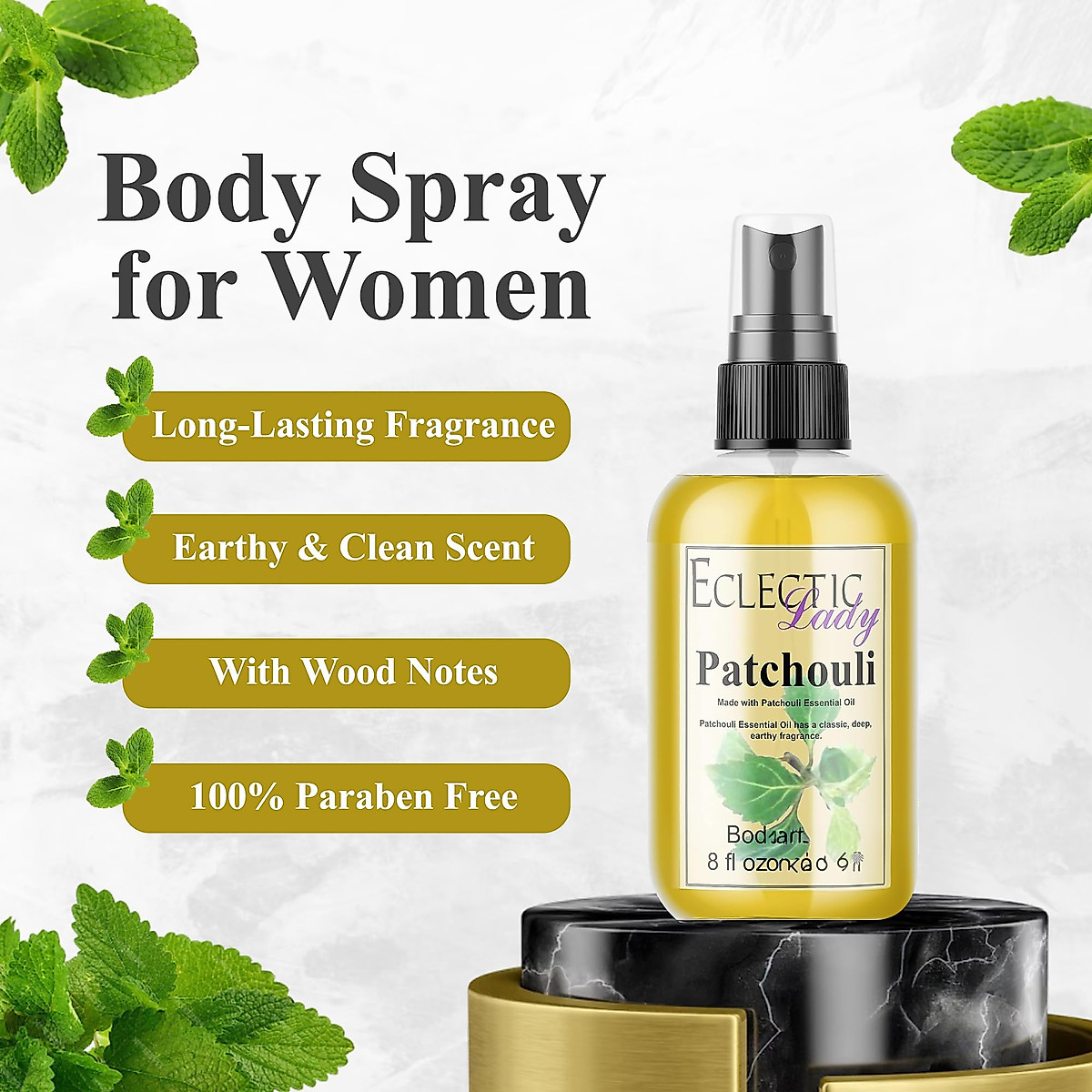 Body Spray for Women, 8 Oz Patchouli Essential Oil Body Mist with Long-Lasting Fragrance, Earthy & Clean Scent Reminiscent of the 1960s & 70s, Light, Subtle Perfume with Wood Notes, 100% Paraben Free