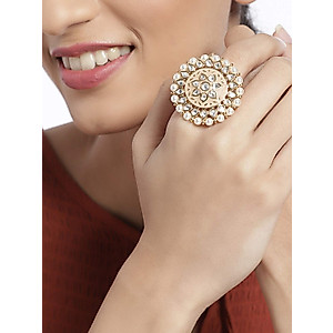 I Jewels Gold Plated Indian Wedding Bollywood Peach Enamel/Meena Work Moti Ring Glided with Uncut Polki Kundans for Women/ (FL166Pe)