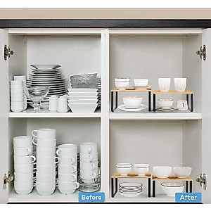 NEX Bamboo Kitchen Cabinet and Counter Shelf Organizer, Stackable & Expandable, Set of 4, Black and Natural