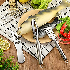 7 Pieces Fish Scaler Brush Remover with Gray Mitten, Stainless Steel Sawtooth Remover Removing Peeler Cleaning Tool Fish Shape Tweezers for Fish Scales Removing Peeling