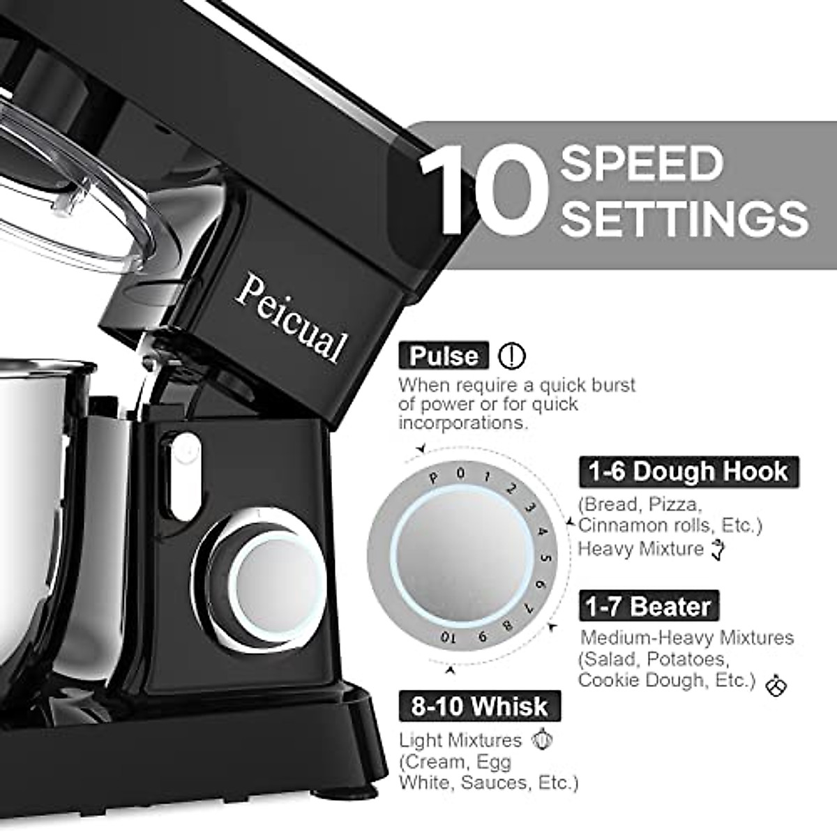 Upgraded Household Stand Mixer for Peicual 800W 10+P Speed High-Performance Tilt-Head Electric Kitchen Mixer 5.5Qt Stainless Steel Bowl with Dough Hook Flat Beater Wire Whisk & Splash Guard - Black